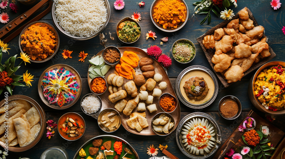 An overhead shot of a table spread with an array of traditional ...