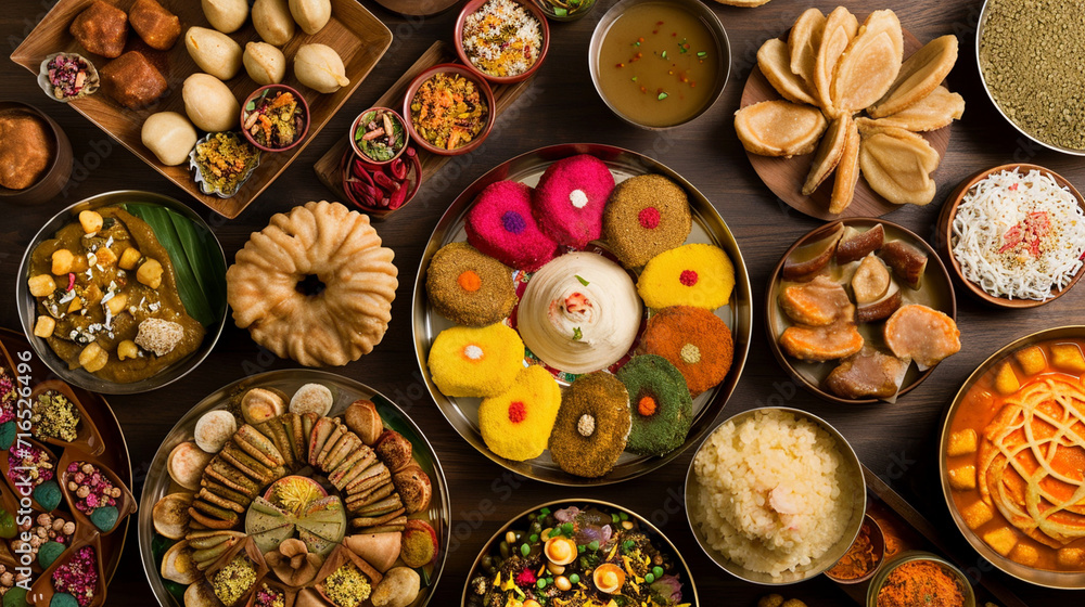 An overhead shot of a table spread with an array of traditional ...