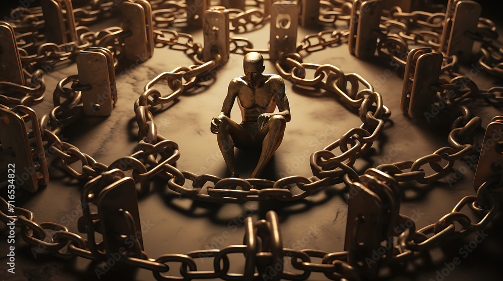 Gold chains with a golden man in center, Gold chain concept, Depression ...