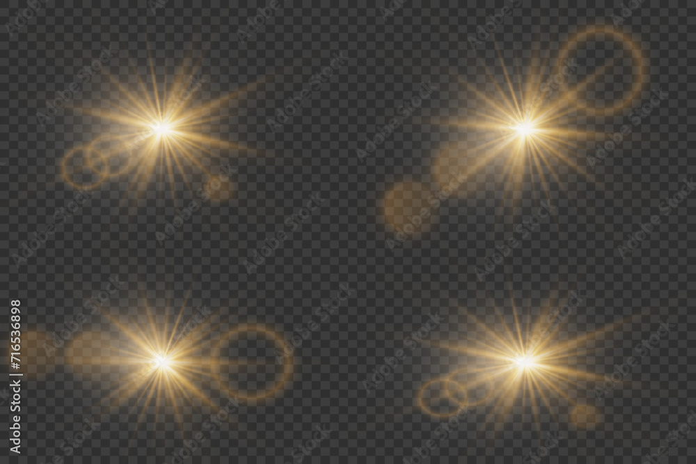 Set of shining stars and glares of light, sun particles and sparkles ...