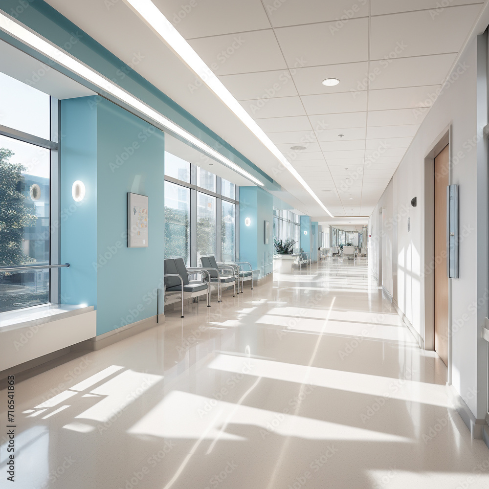 An interior view of a modern hospital hallway, with a focus on ...