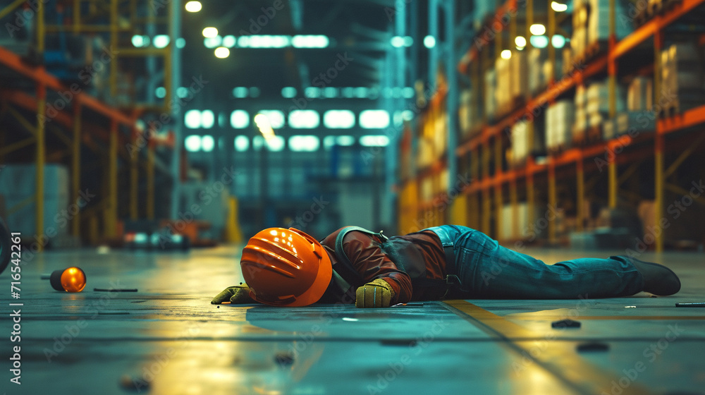 A warehouse employee suffering an injury due to unsafe equipment, lying ...