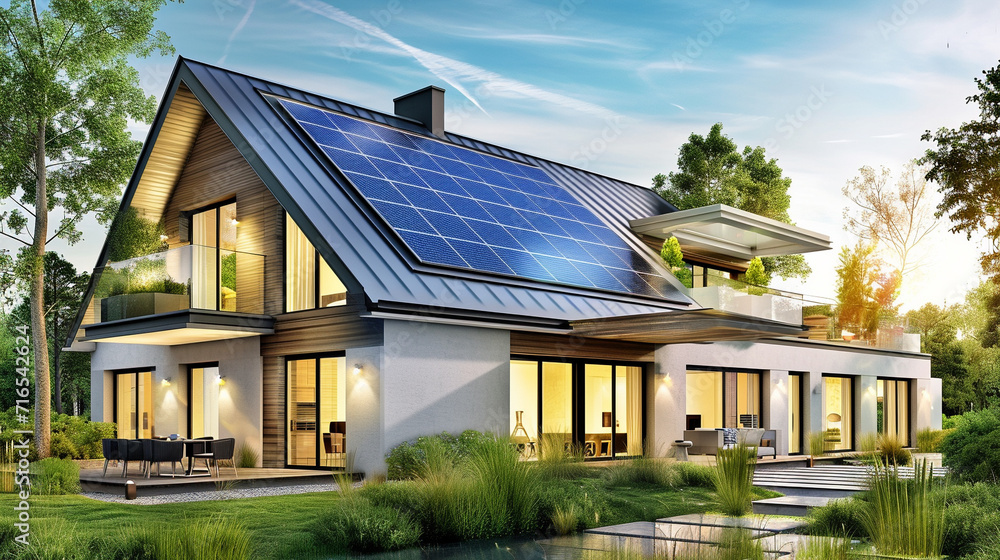 A modern suburban house with a sleek design, featuring solar panels ...