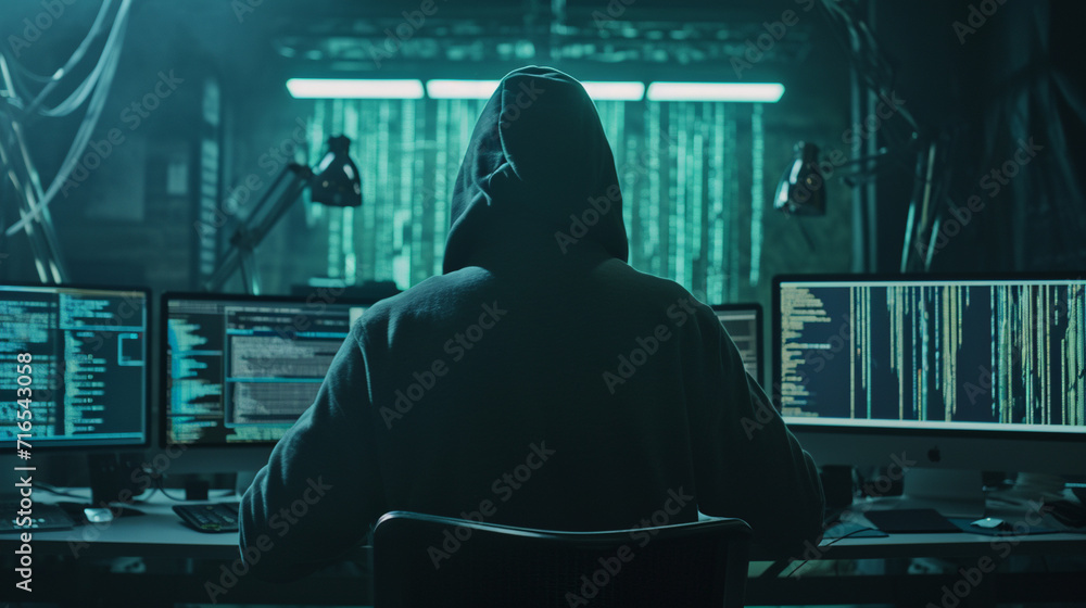 A hacker wearing a hoodie in a dark room, with multiple computer ...