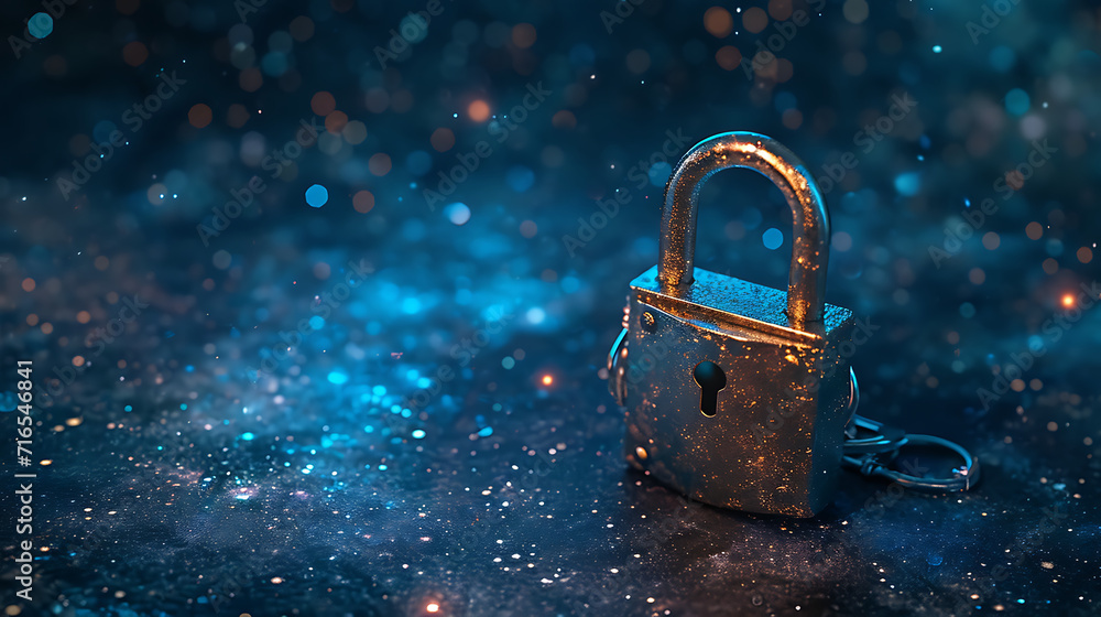 lock and key - a blue colored padlock in the form of wires on black ...