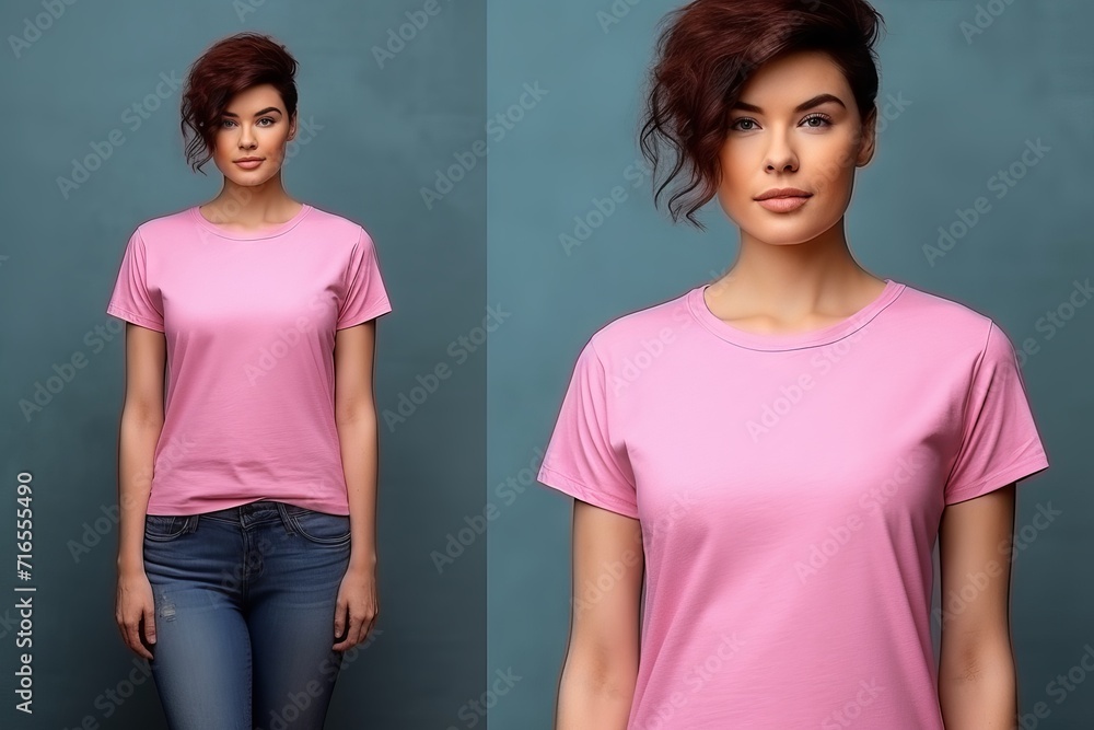 Versatile plain pink t-shirt mockup with female model in photo studio ...