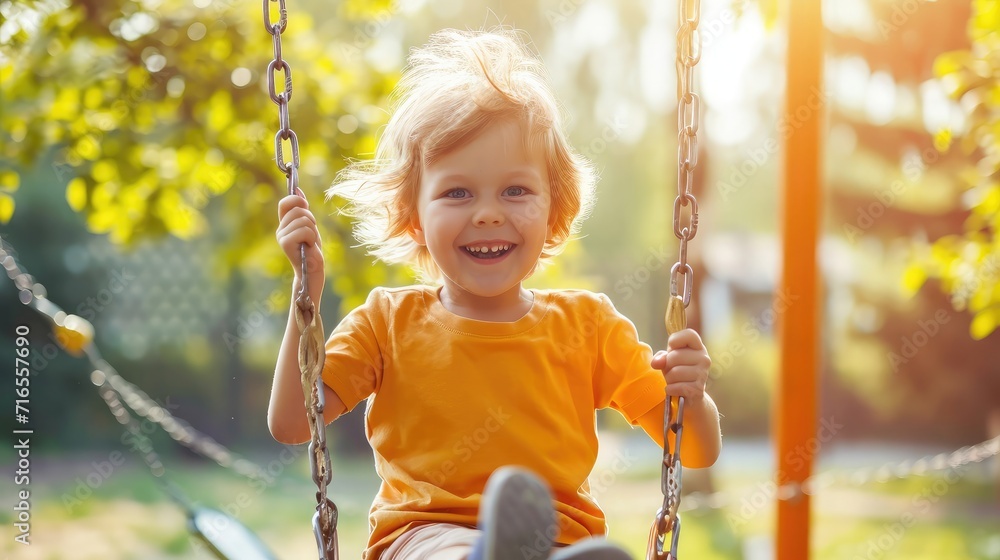 Child on swing playing on outdoor playground. Kids play on school or ...