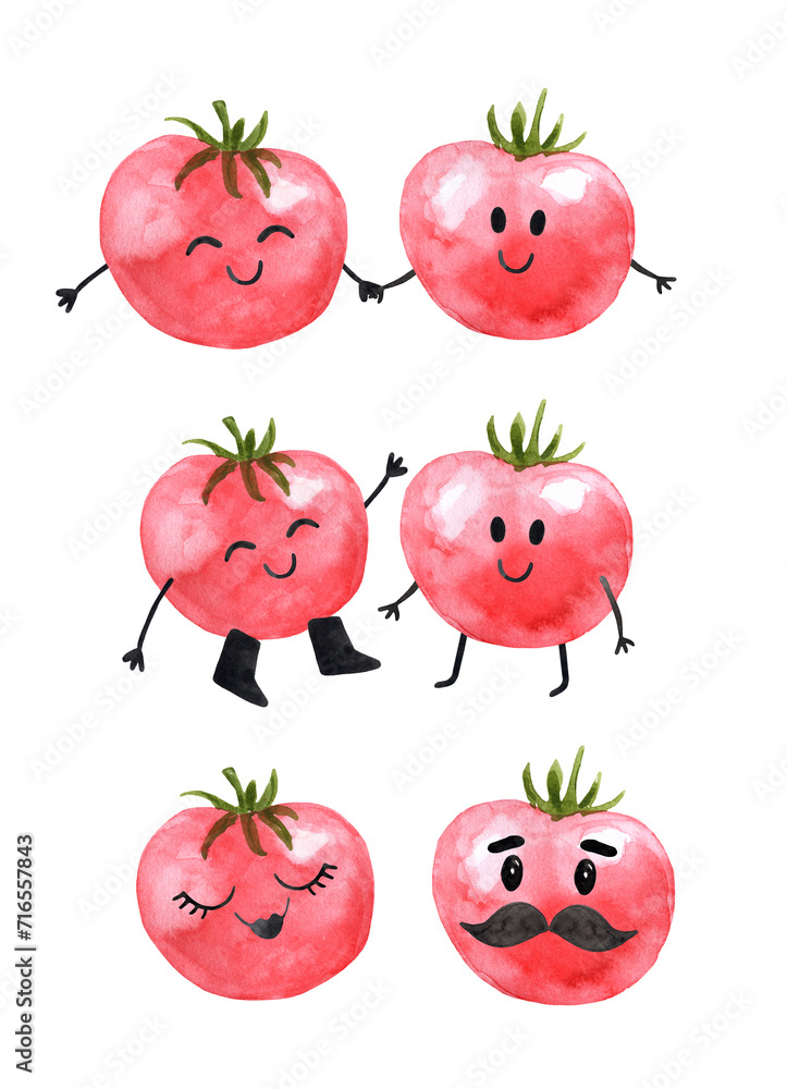 Valentines Day cute tomato couple, cartoon-style watercolor ...