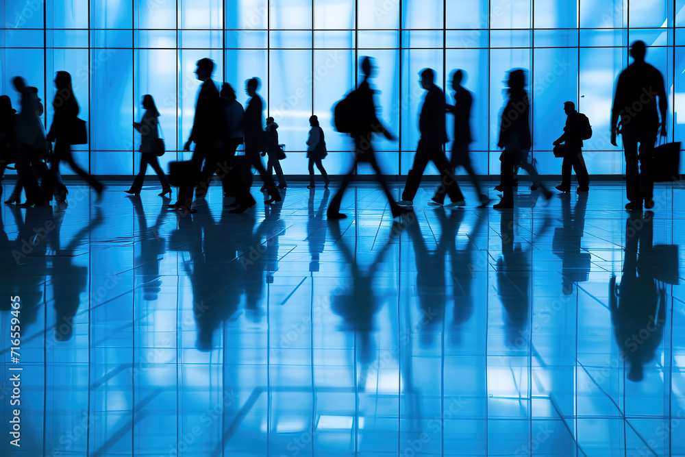 Silhouettes of busy commuting business people walking at modern offices ...