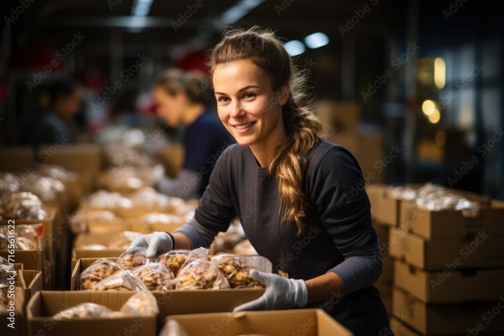 Food products are in boxes and volunteers are packing humanitarian aid ...