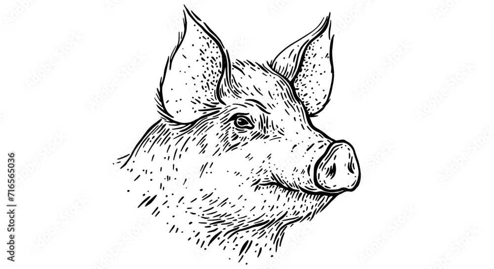 Pork, pig head. Vintage retro print, black white pig sketch ink pencil ...