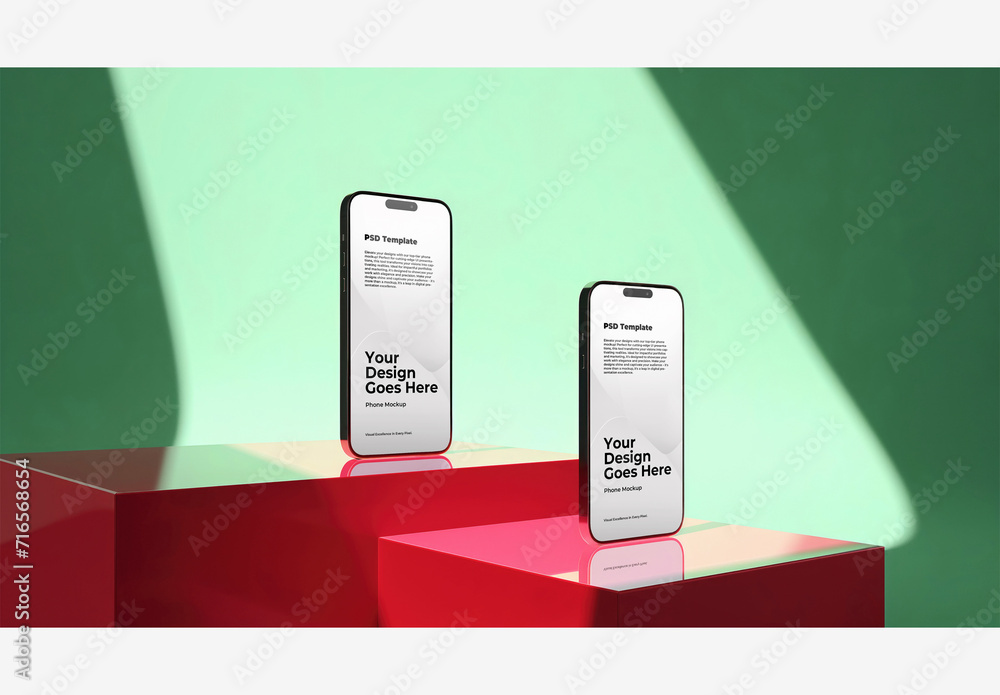 Mobile Mockup Phone Template: Two Phones on Red Boxes in Green Room ...