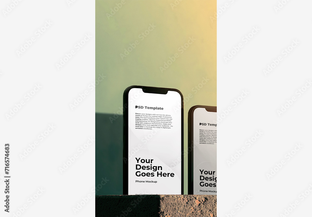 Mobile Mockup Phone Template: Two Phones on Ledge - Green, Yellow, Pink ...