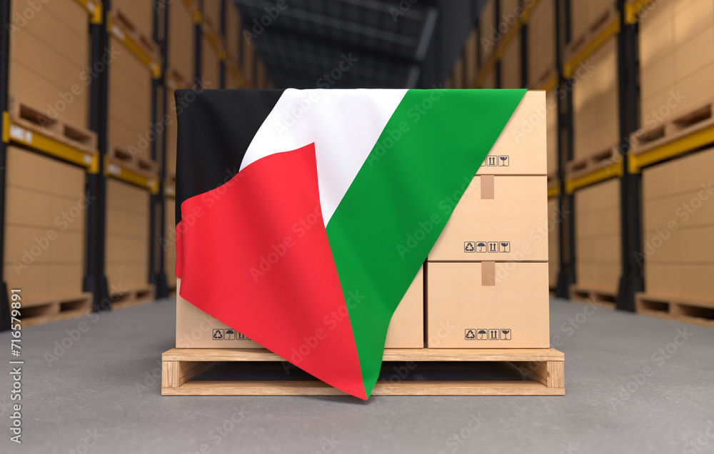 Crate boxes on wooden pallets with Palestine flag, Cartons Cardboard ...
