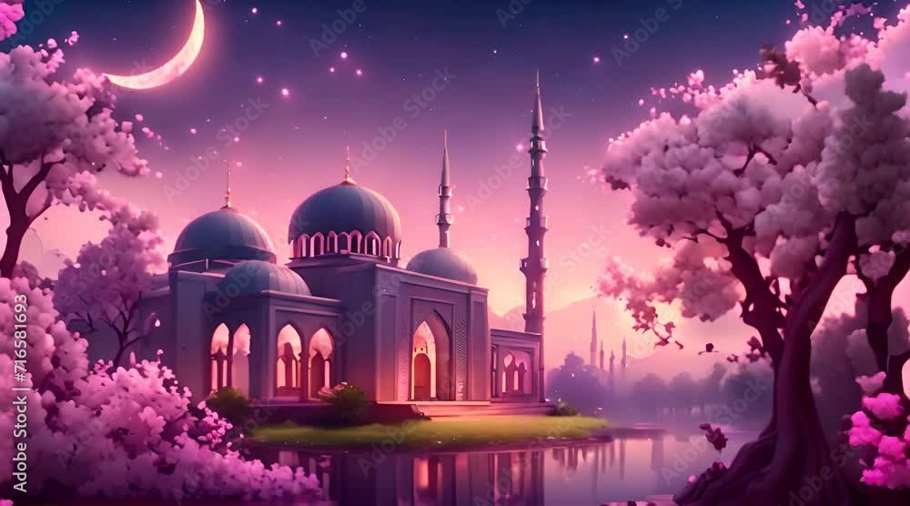 beautiful mosque with reflection in pink purple style. ramadan islamic ...