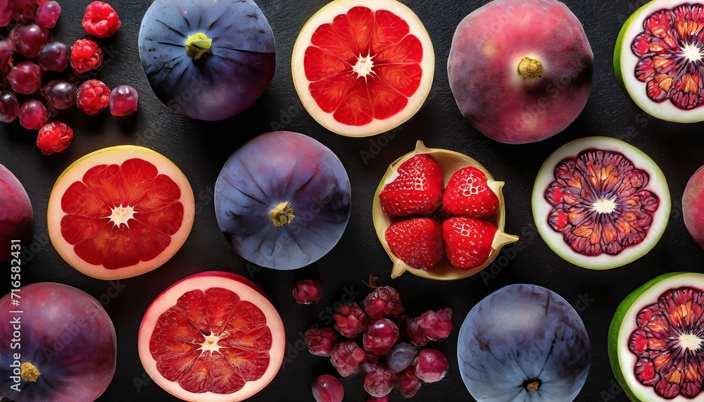 beautiful texture of halved red and purple fruit on black background ...