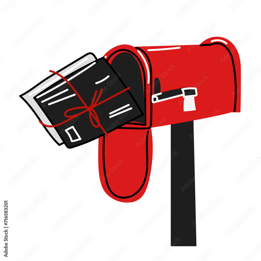 A red mailbox with a flat letter in the style of doodles. A bunch of letters are shoved into the ...