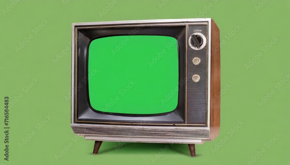 old vintage tv with green screen for adding video isolated on green ...