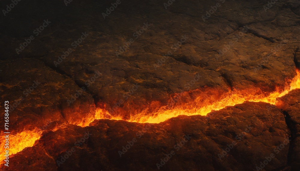 volcanic lava with fiery hot cracks flow and glowing magma breaked ...