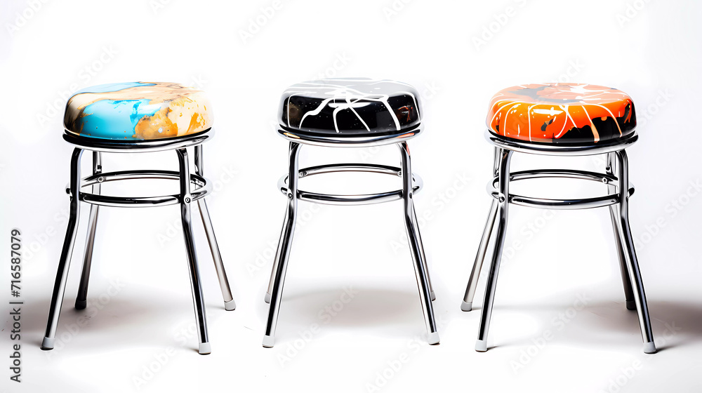 Three different types of stools with different designs on them and a ...