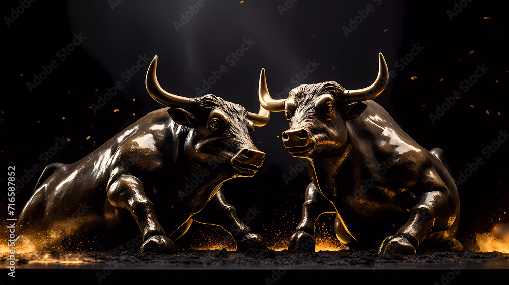 Two bulls are facing each other in front of a bar chart with gold bars ...