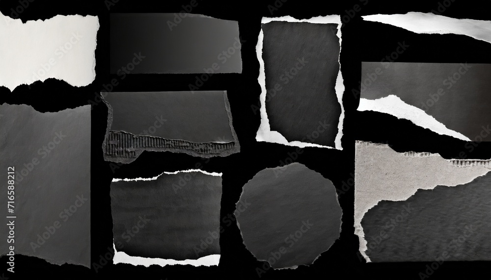 set of black torn ripped paper pieces edges cards isolated on black ...