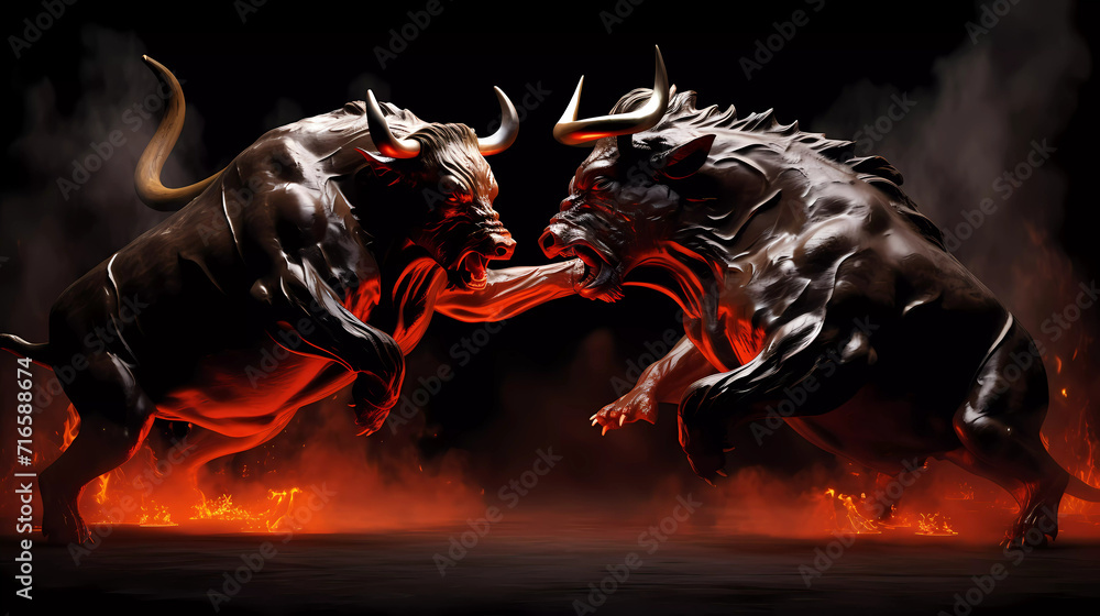 Two sculptures of bulls fighting over a fire pit in a dark room with a ...