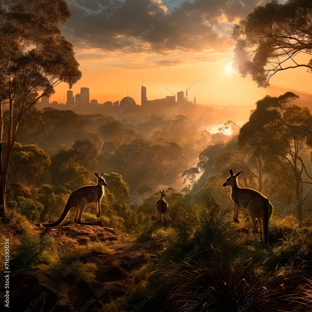 Panoramic view with leaping kangaroos against a backdrop of desert Lex ...