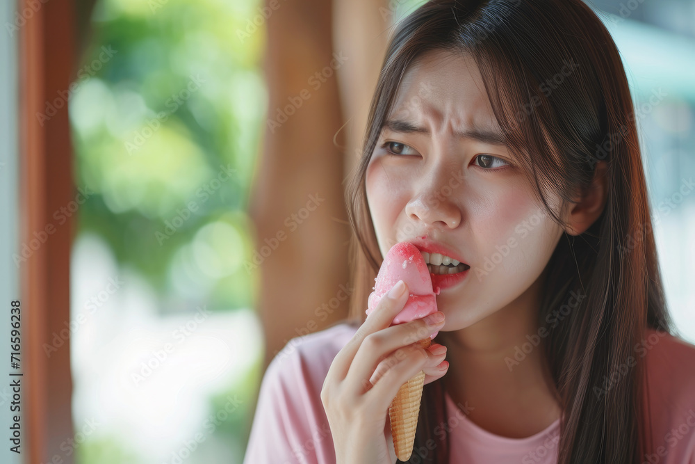 Face expression suffering from sensitive teeth and cold, asian young ...