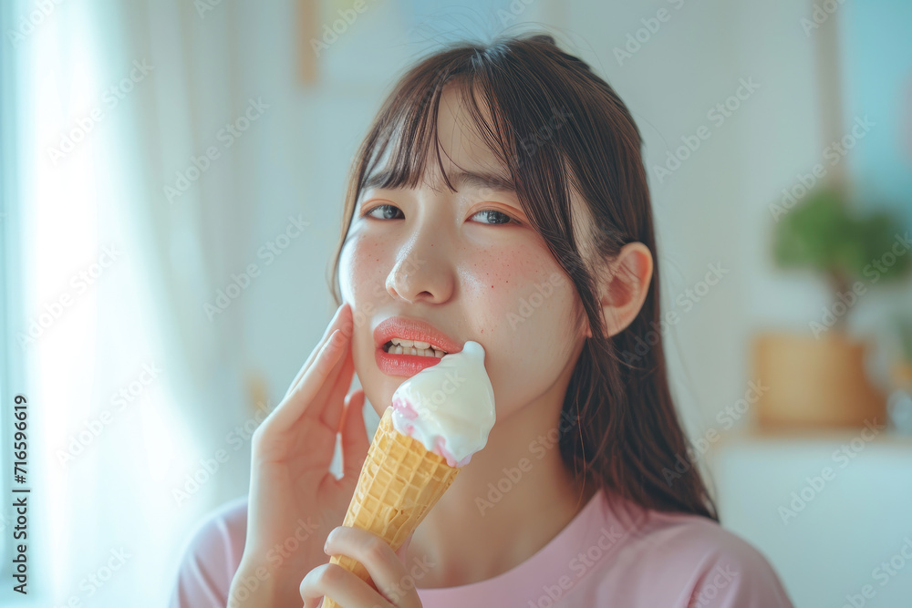 Face expression suffering from sensitive teeth and cold, asian young ...