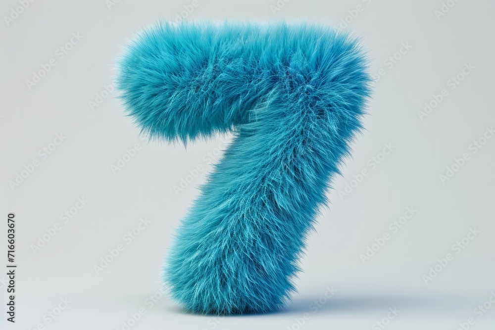 Cute blue number 7 or seven as fur shape, short hair, white background ...