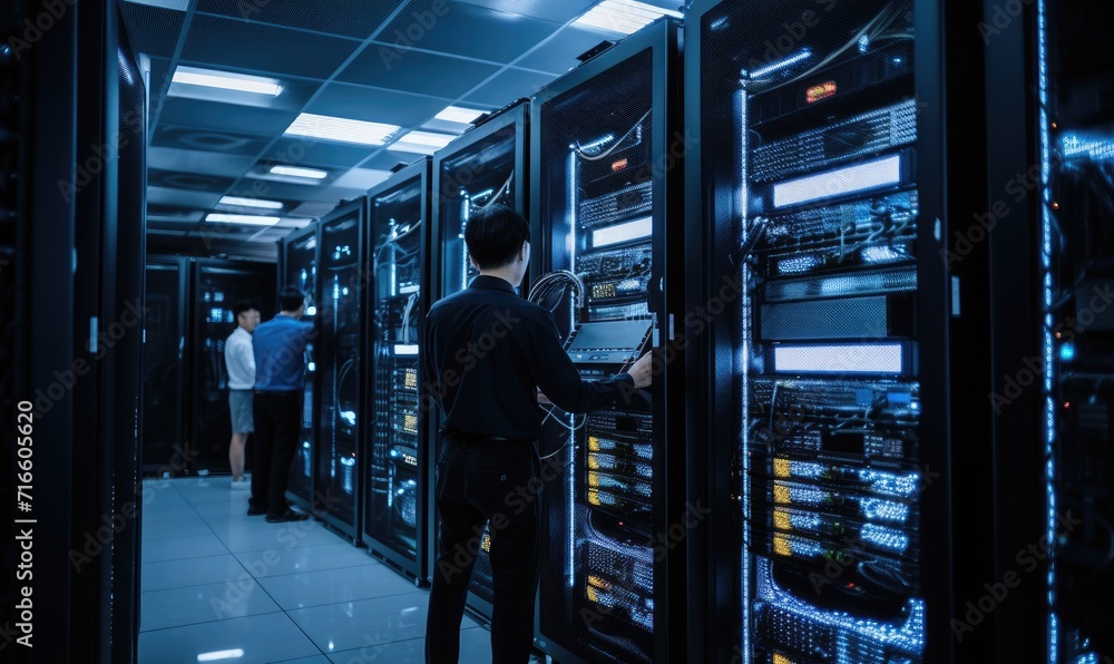 Asian technician manages server racks in server room data center ...