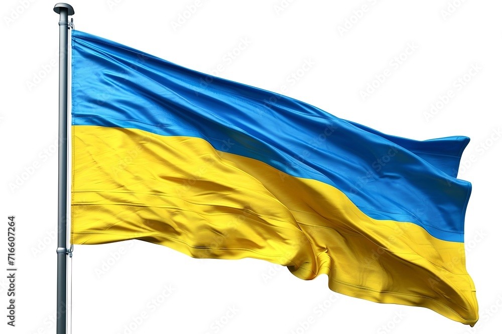 Vibrant blue and yellow flag flowing in the wind on a clear day. symbol ...