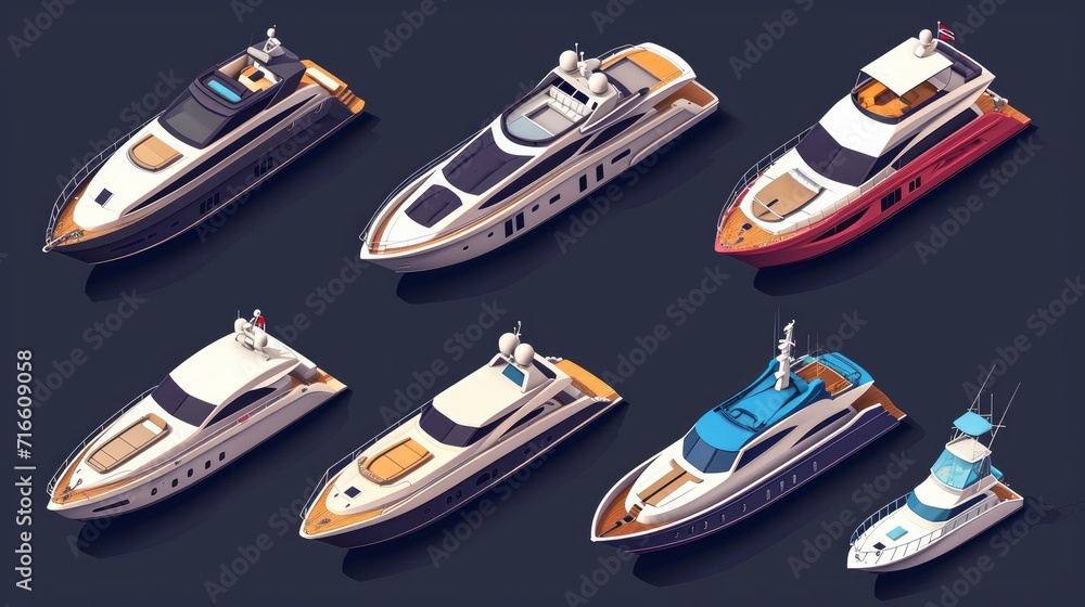 Set of yachts isometric icons. Types of travel ships. Luxury marine cruise boats. Yachting 3d ...