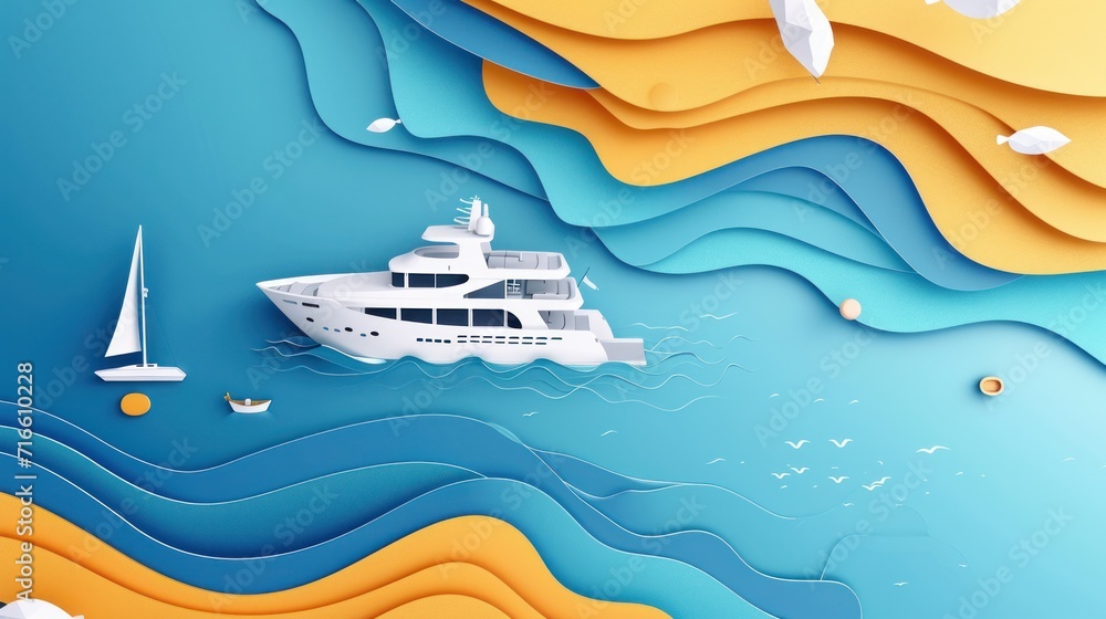 Top view river and yacht in paper cut style. 3d seaside background with ...
