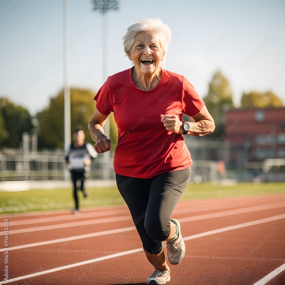 Happy elderly woman running in the stadium. Attractive looking mature ...