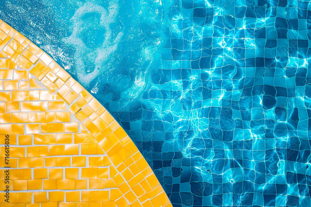 Banner yellow mosaic tiles edge pool with blue water for summer concept ...