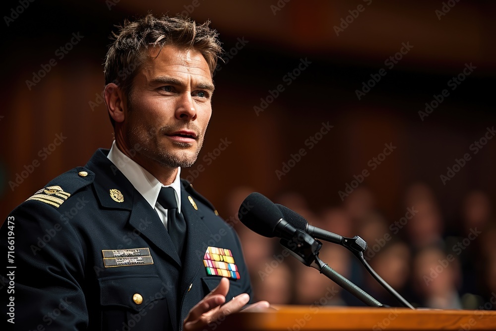 A stern man in a crisp military uniform, adorned with various ranks and ...