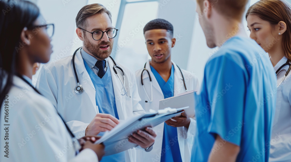 A medic leading a medical research discussion with a group of interns ...