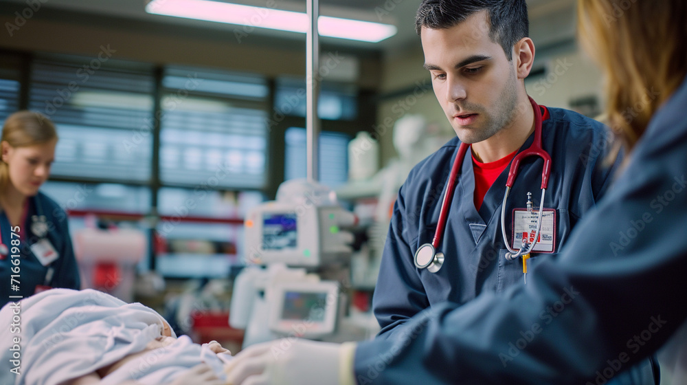 A dynamic shot of a medic conducting a medical simulation exercise with ...