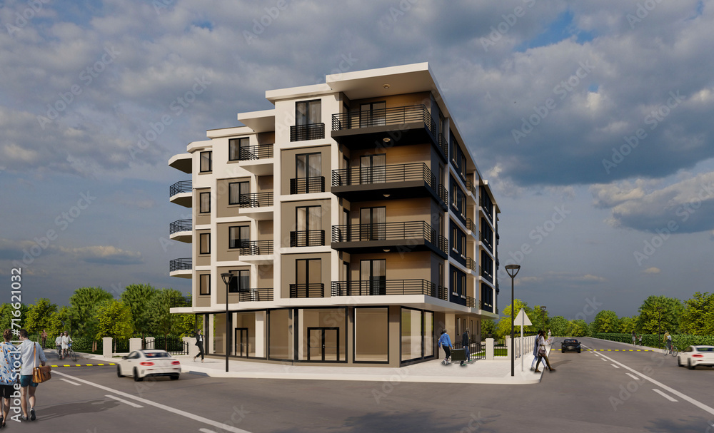 3D render of 5 floor of apartment with lighting people, trees, cars and ...