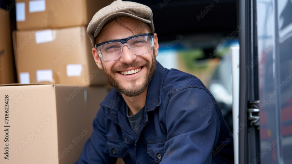 smiling delivery man in a blue uniform and safety goggles is handling ...
