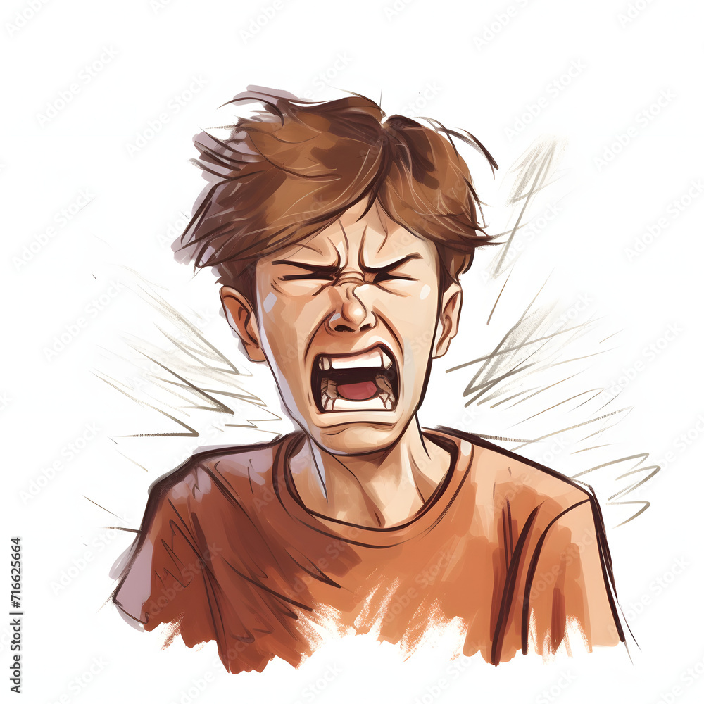 Teenage boy frequently losing his temper over minor issues isolated on ...