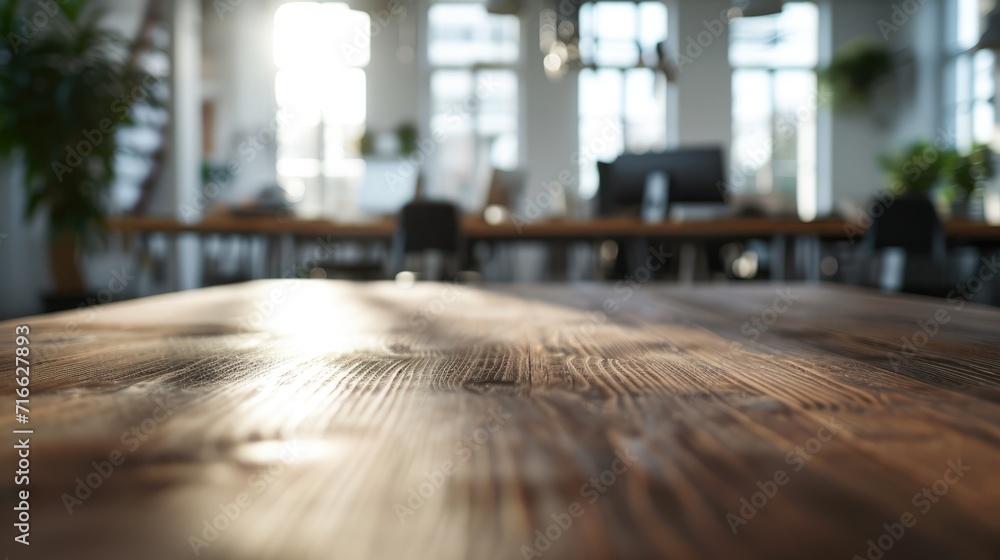 An empty wooden table top with a blurred modern office space background ...