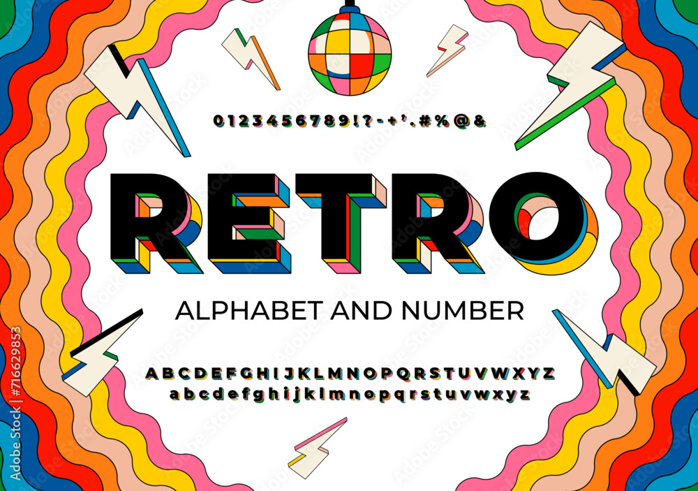 Vintage retro 3D typeface with colorful rainbow layers. Decorative ...