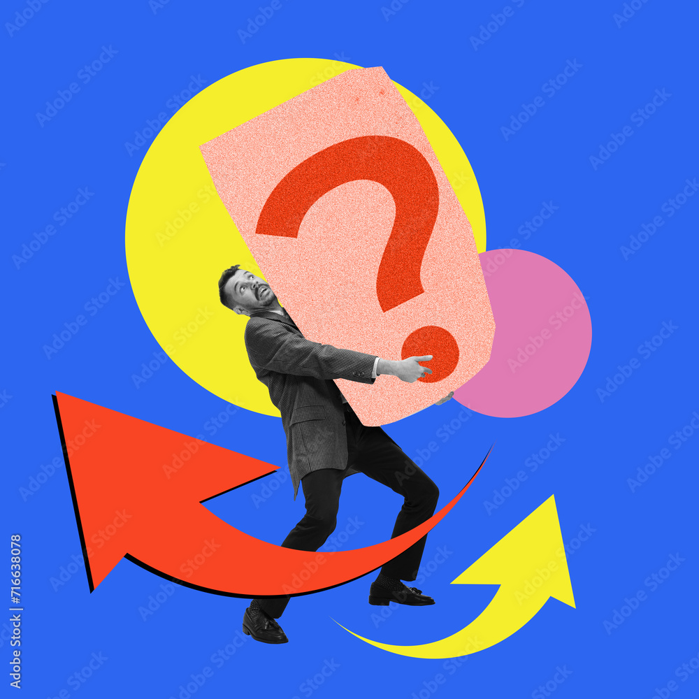 Businessman carrying heavy question mark with arrows in different ...