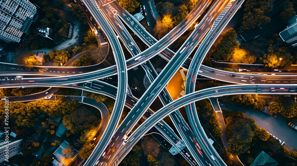 Aerial view of a complex highway interchange with multiple levels of ...