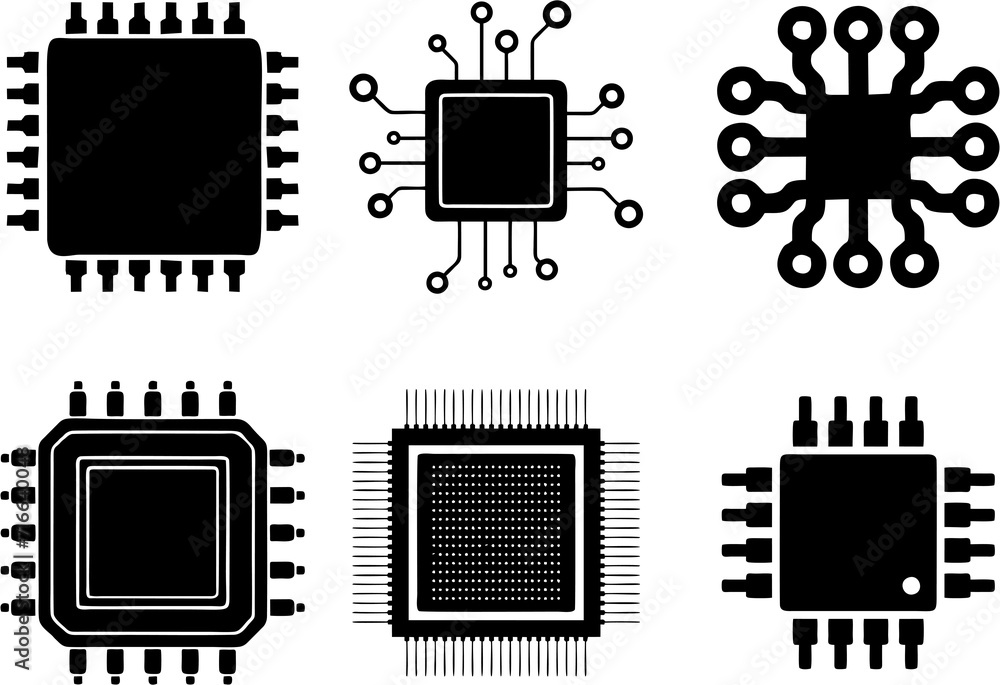 Microchip CPU and mother board icons set. Printing of computer parts ...