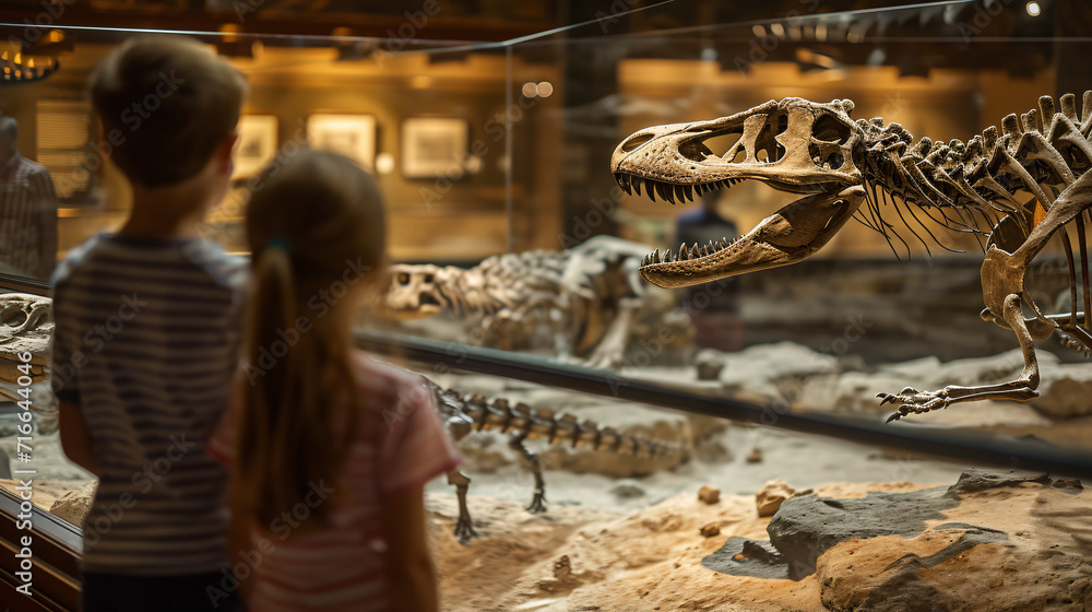 A family visit to a historical museum with kids marveling at dinosaur ...