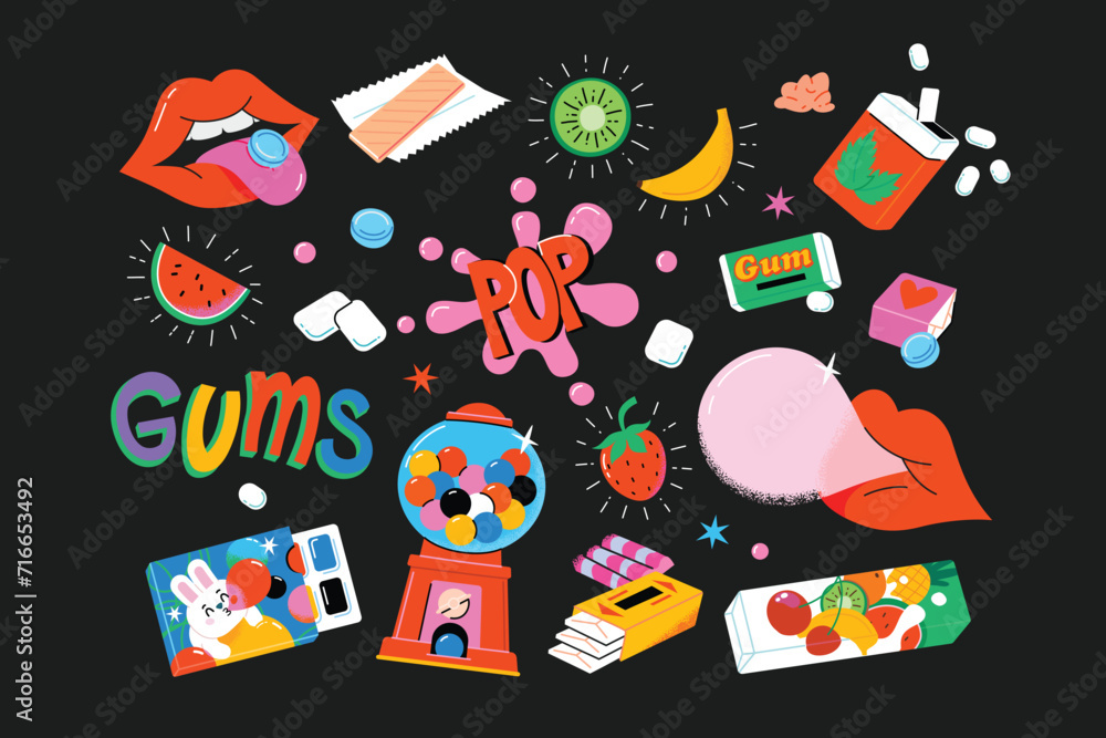 Abstract funny cute gums and bubbles elements in comic style on dark ...